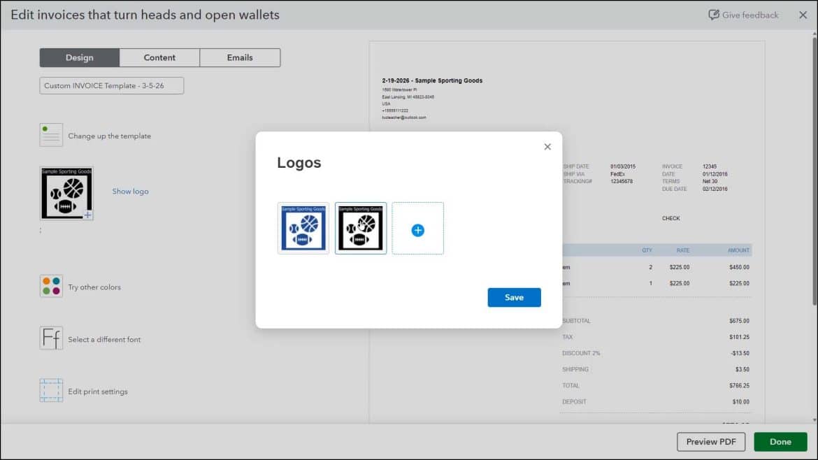 Custom Form Design Settings in QuickBooks Online