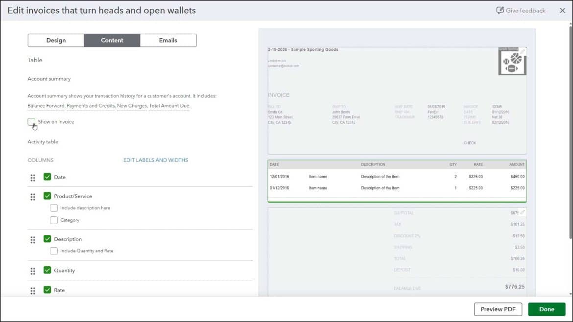 Custom Form Content Settings in QuickBooks Online