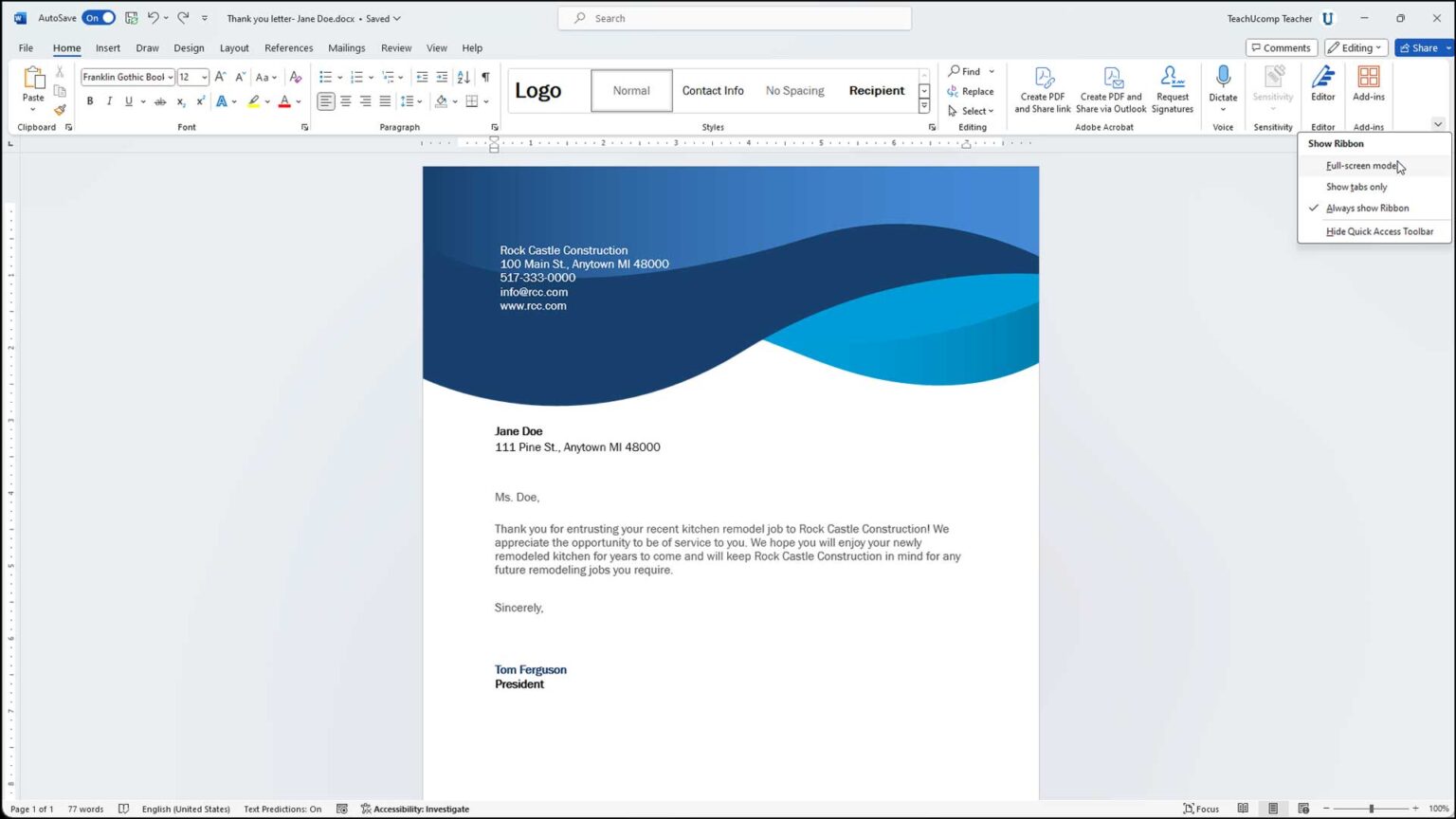 Full Screen Mode in Word - Instructions and Video