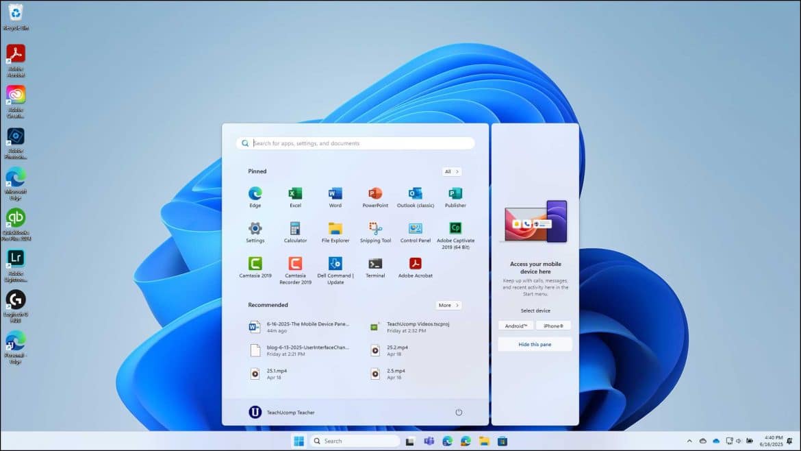 The Mobile Device Pane in the Start Menu in Windows 11 - Video