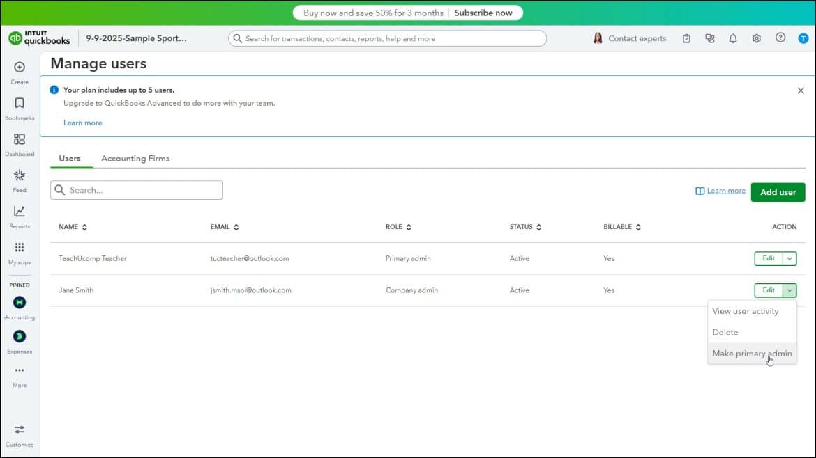 How to Transfer the Primary Admin in QuickBooks Online